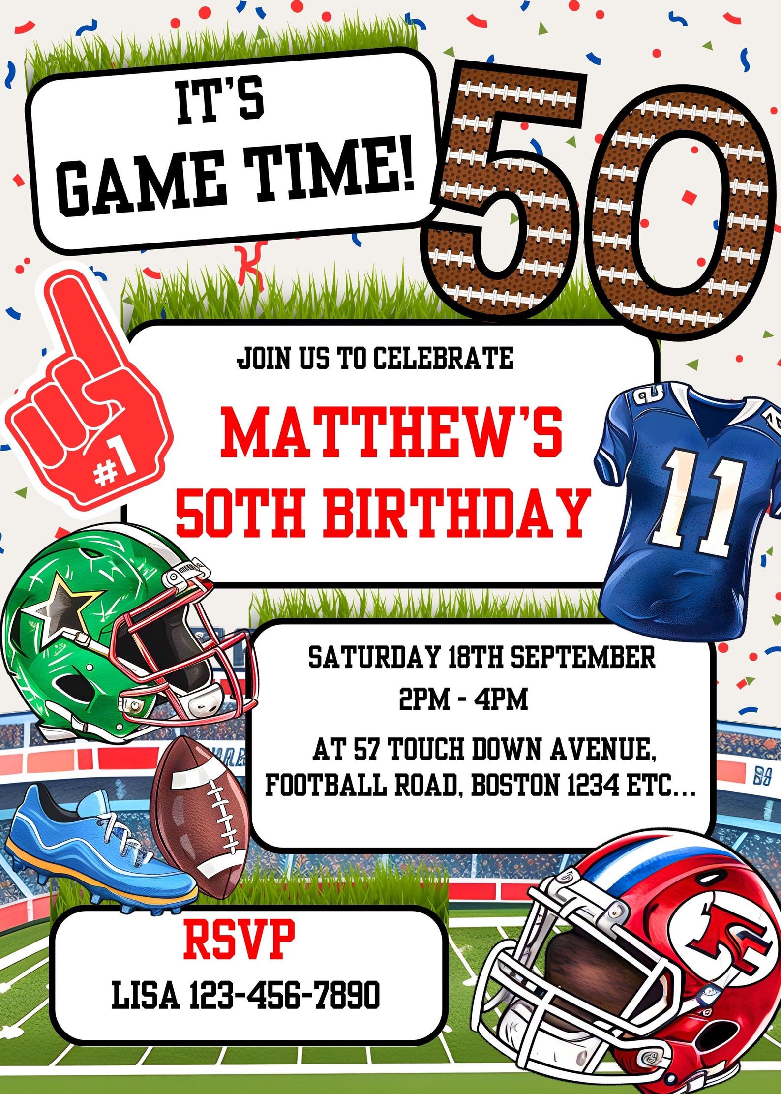 Printable Football 50th Birthday Invitation Mens American Football ...