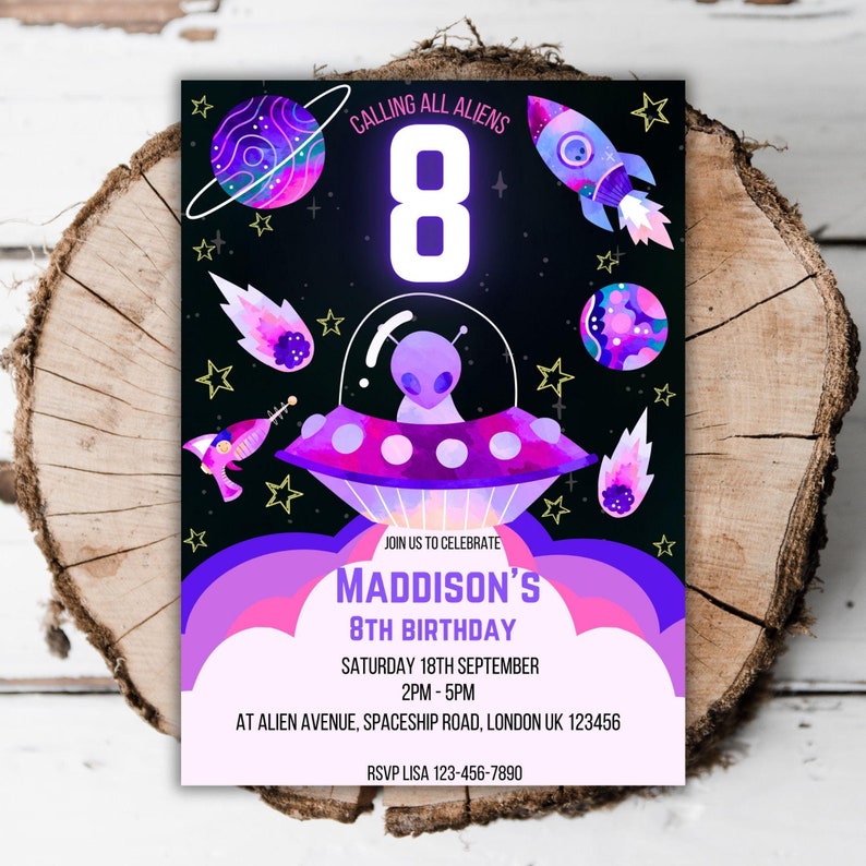 Printable Alien Birthday Invitation Girls Neon Alien Spaceship Editable ...