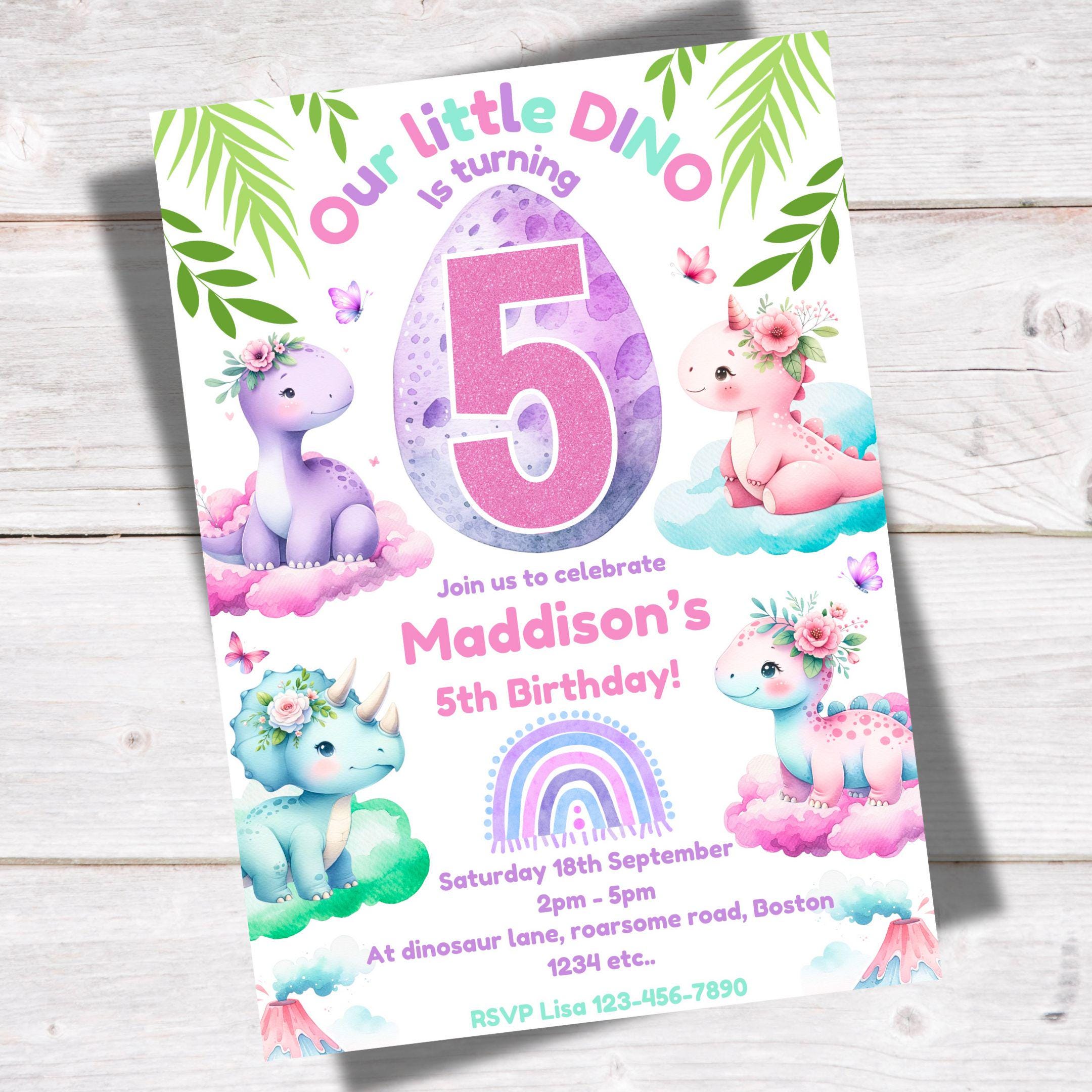 Printable Dinosaur Girls 5th Birthday Invitation Dino Editable Pastel ...