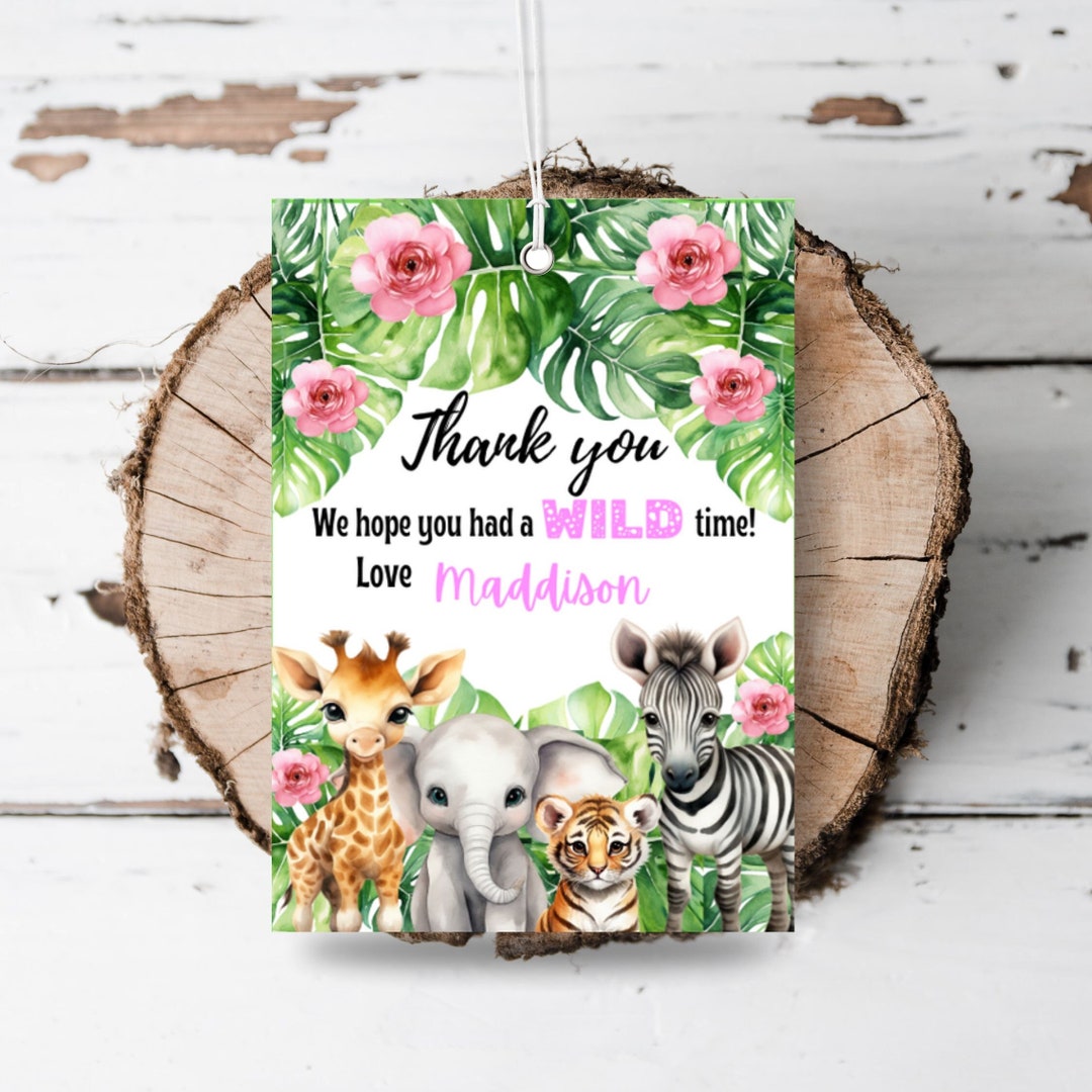 Printable Pink Jungle Safari Wild Animals Birthday Party Favor Tags ...