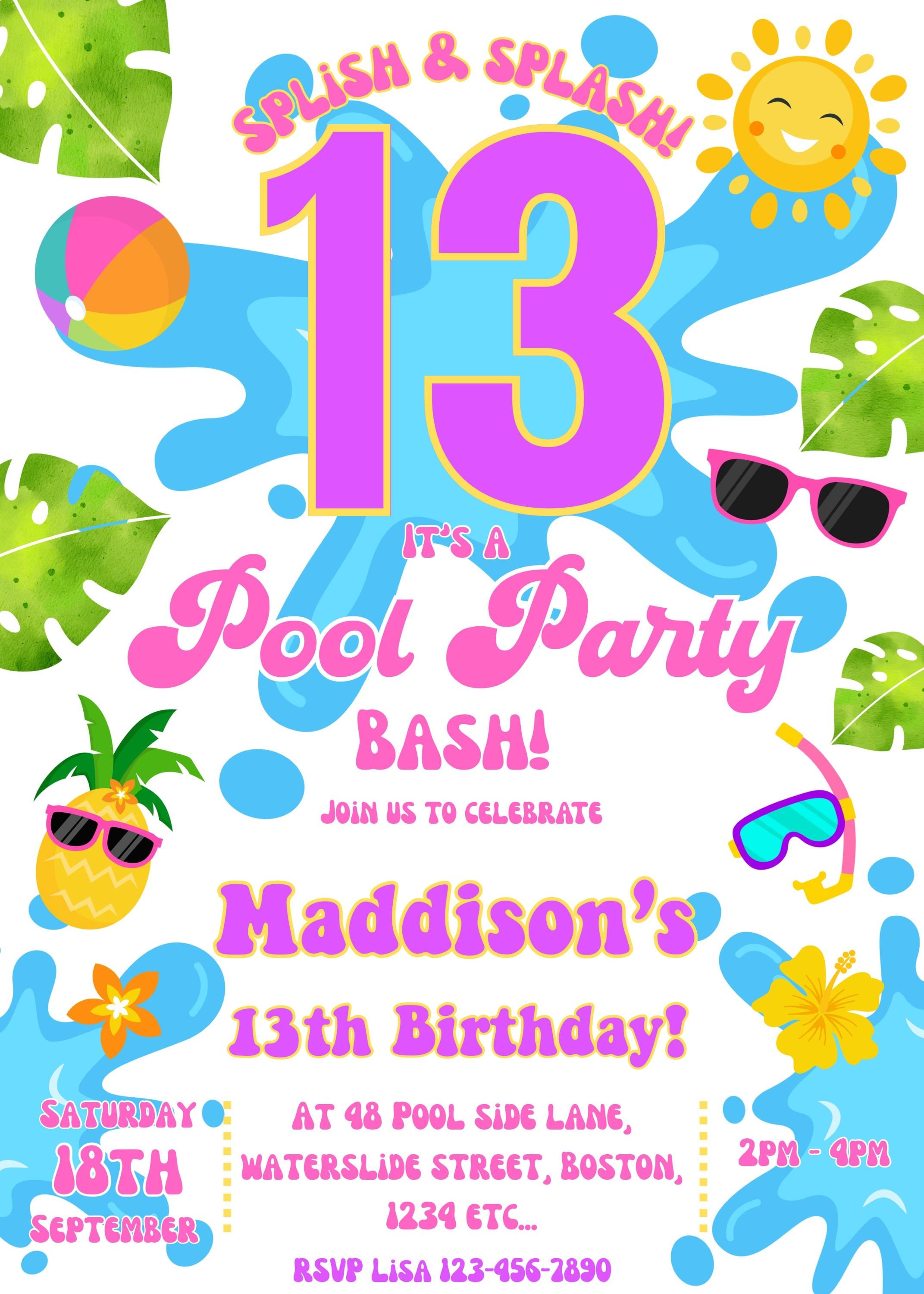 Printable Pool Party 13th Birthday Invitation Waterpark Editable Girls ...