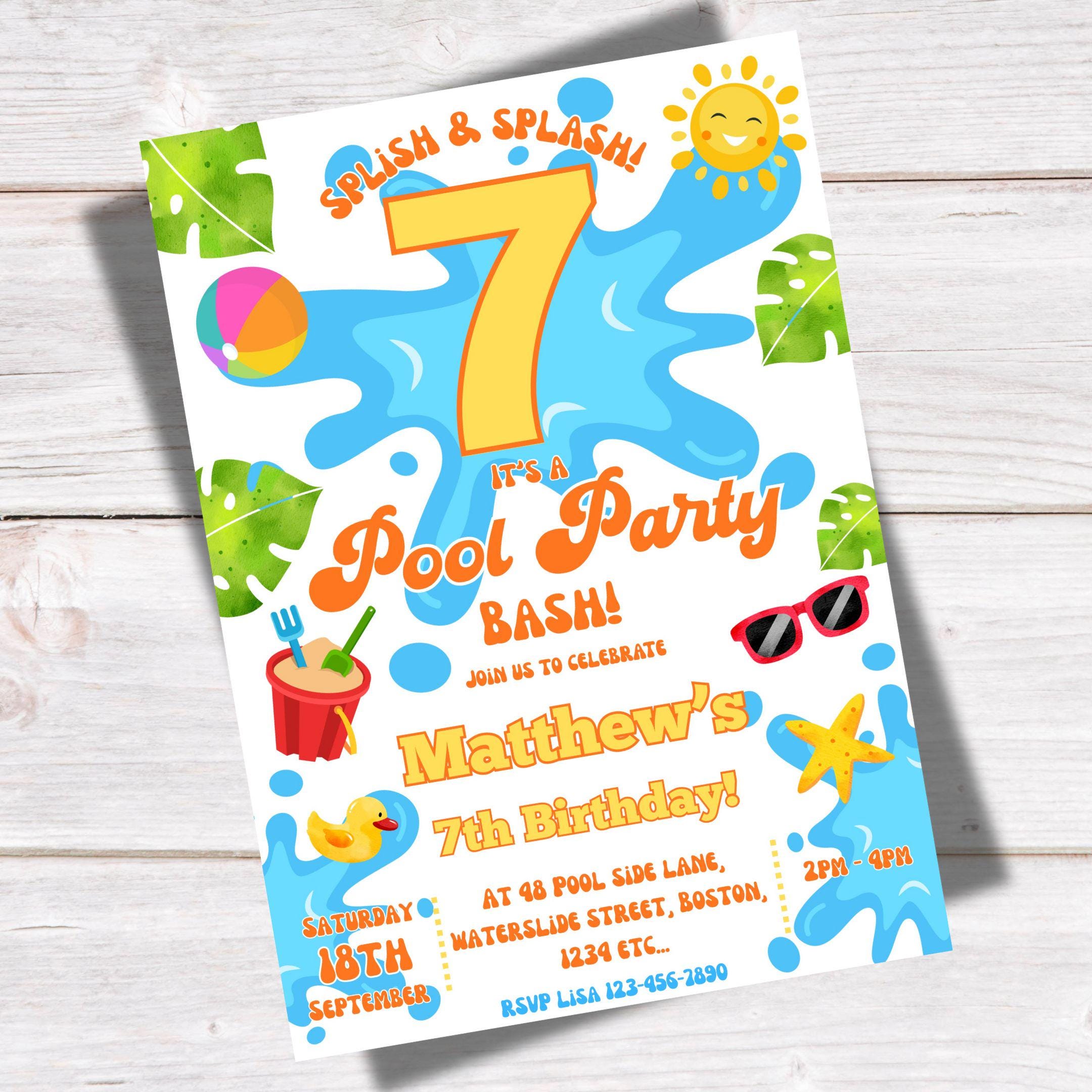Printable Pool Party 7th Birthday Invitation Waterpark Editable Boys ...