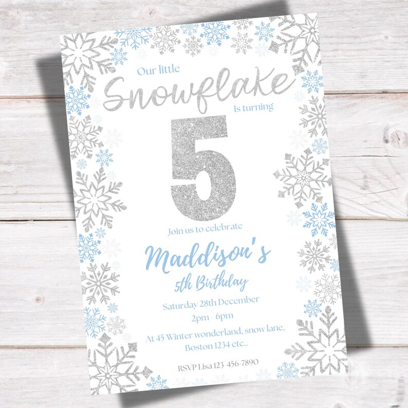 Printable Snowflake 5th Birthday Invitation Winter Wonderland Glitter ...