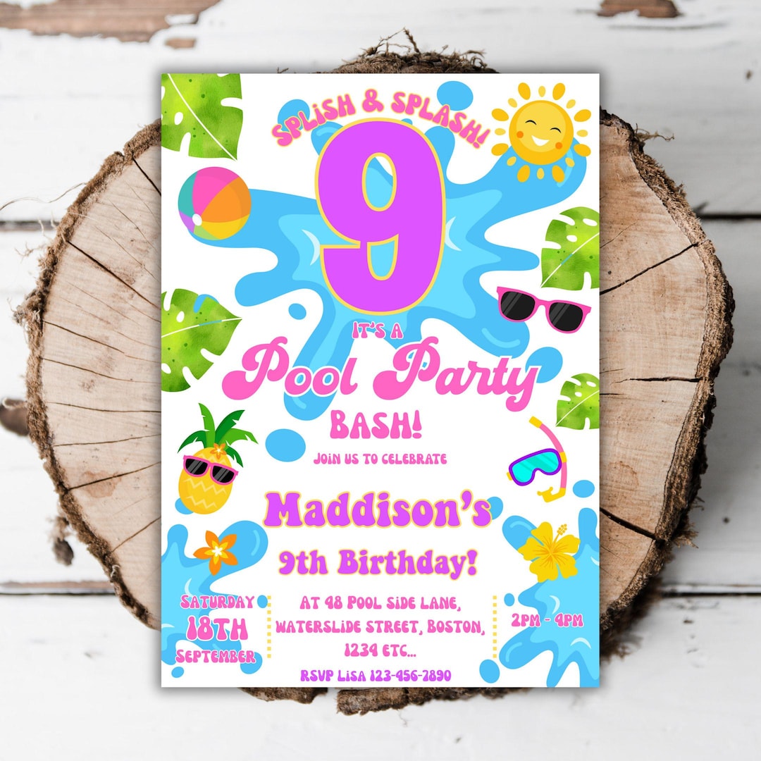 Printable Pool Party 9th Birthday Invitation Waterpark Editable Girls ...