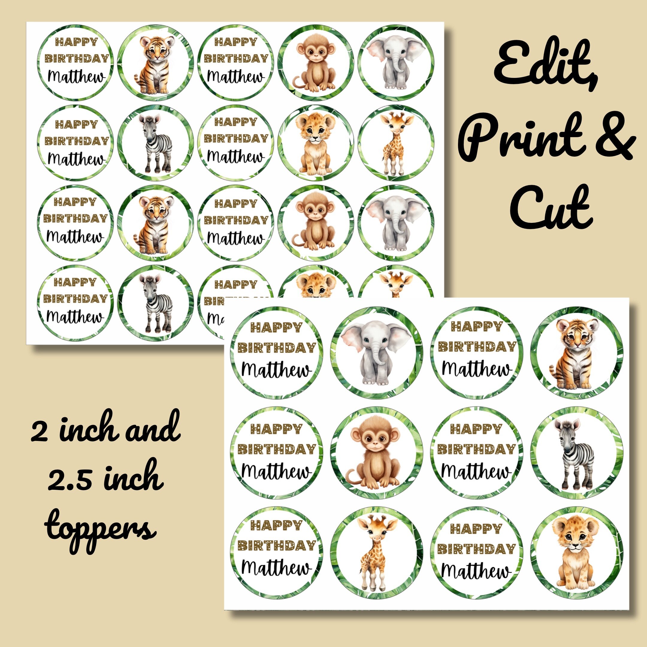 Printable Jungle Safari Cupcake Toppers Personalised Cupcake Toppers ...
