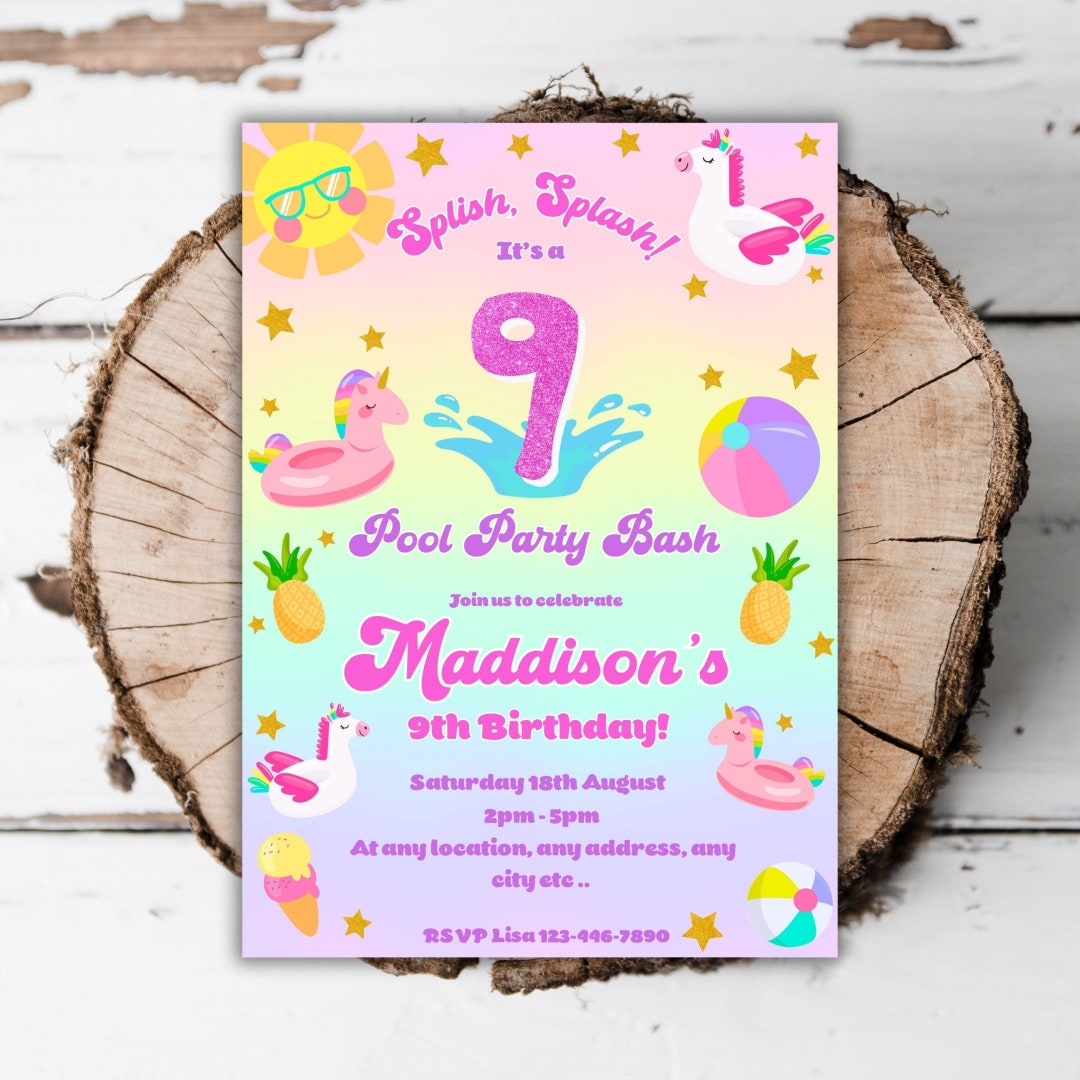 Printable Unicorn Rainbow Pool Party Girls 9th Birthday Invitation ...