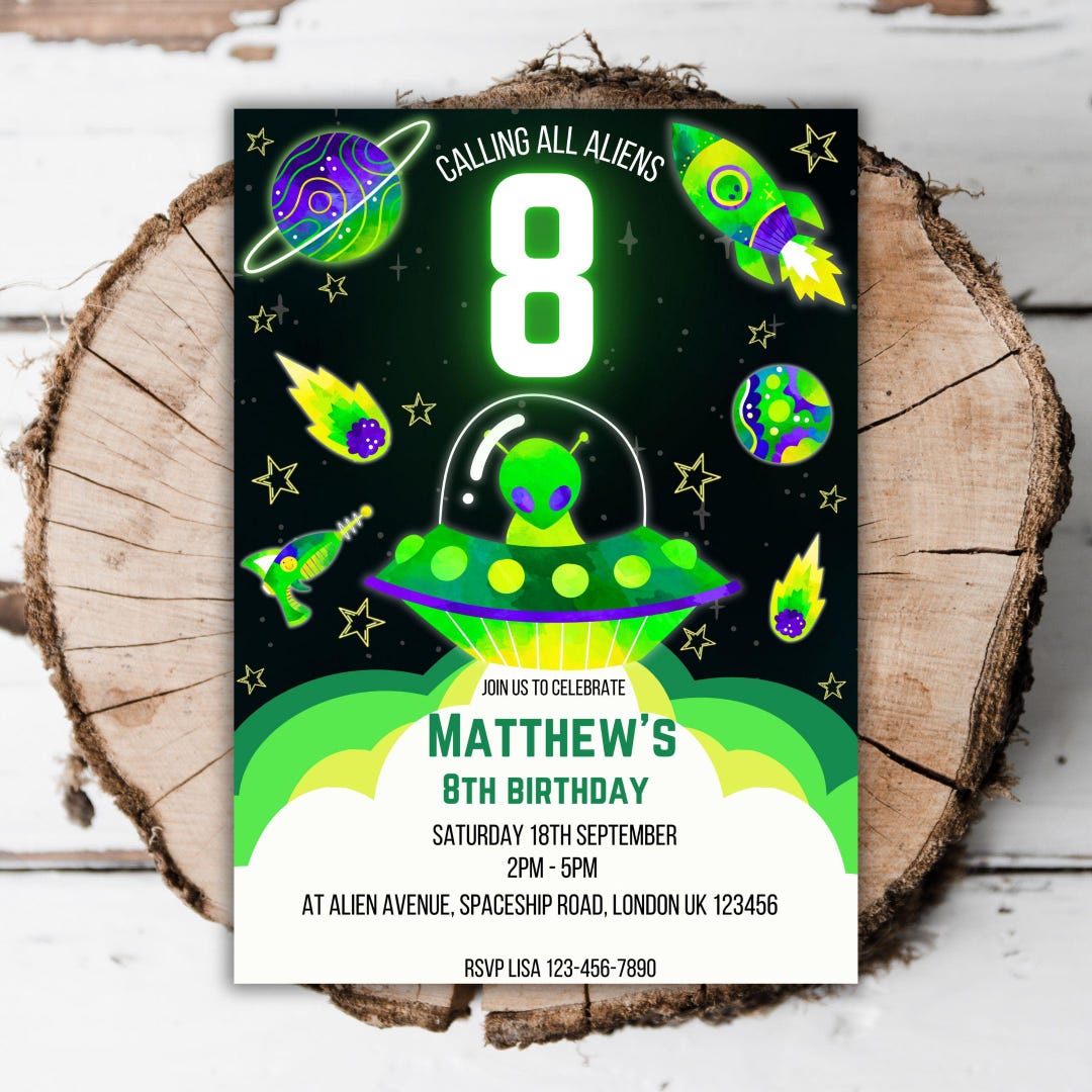 Printable Alien Birthday Invitation Boys Neon Alien Spaceship Editable ...