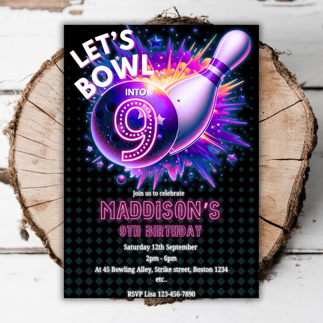 Printable Neon Bowling Girls 9th Birthday Invitation Glow Editable ...