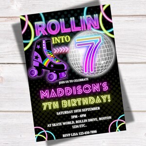 Printable Neon Roller Skating Girls 7th Birthday Invitation Roller ...