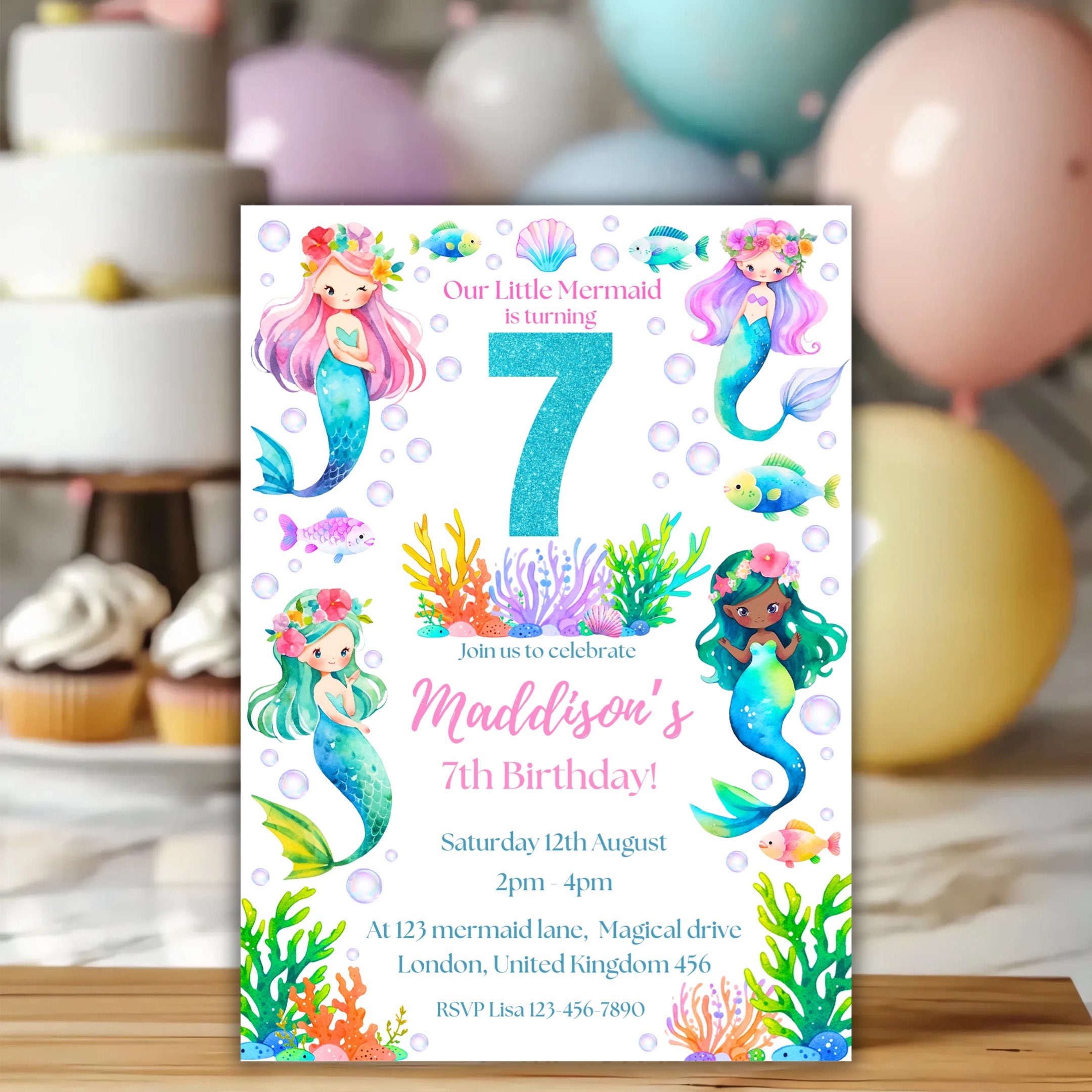Printable Mermaid 7th Birthday Invitation Girls Tropical Under the Sea ...