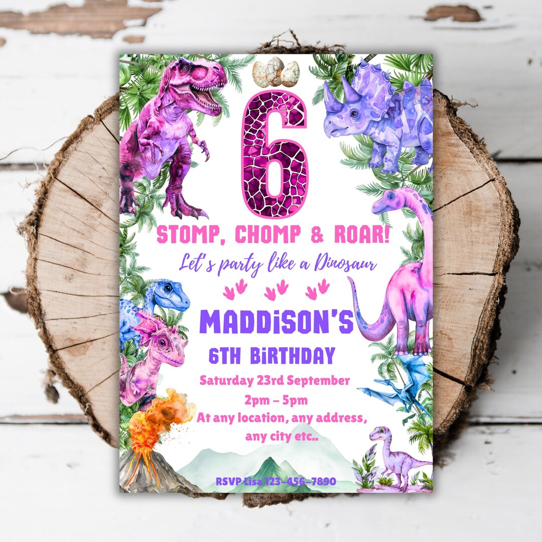 Printable Dinosaur Girls 6th Birthday Invitation Dino Editable Jurassic ...
