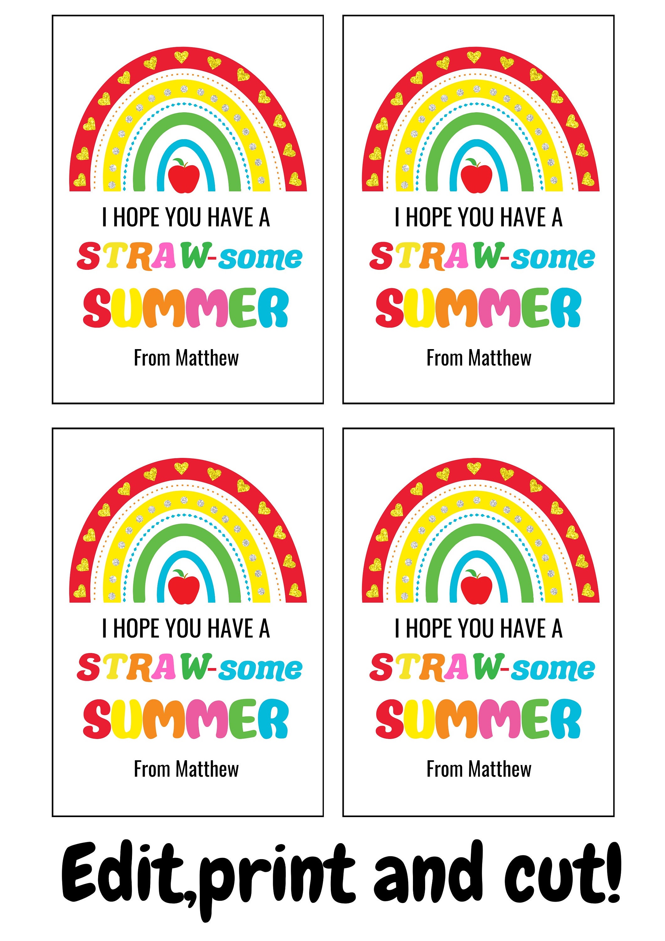 Printable Straw End of School Year Tag Editable Silly Straw Gift Tag ...