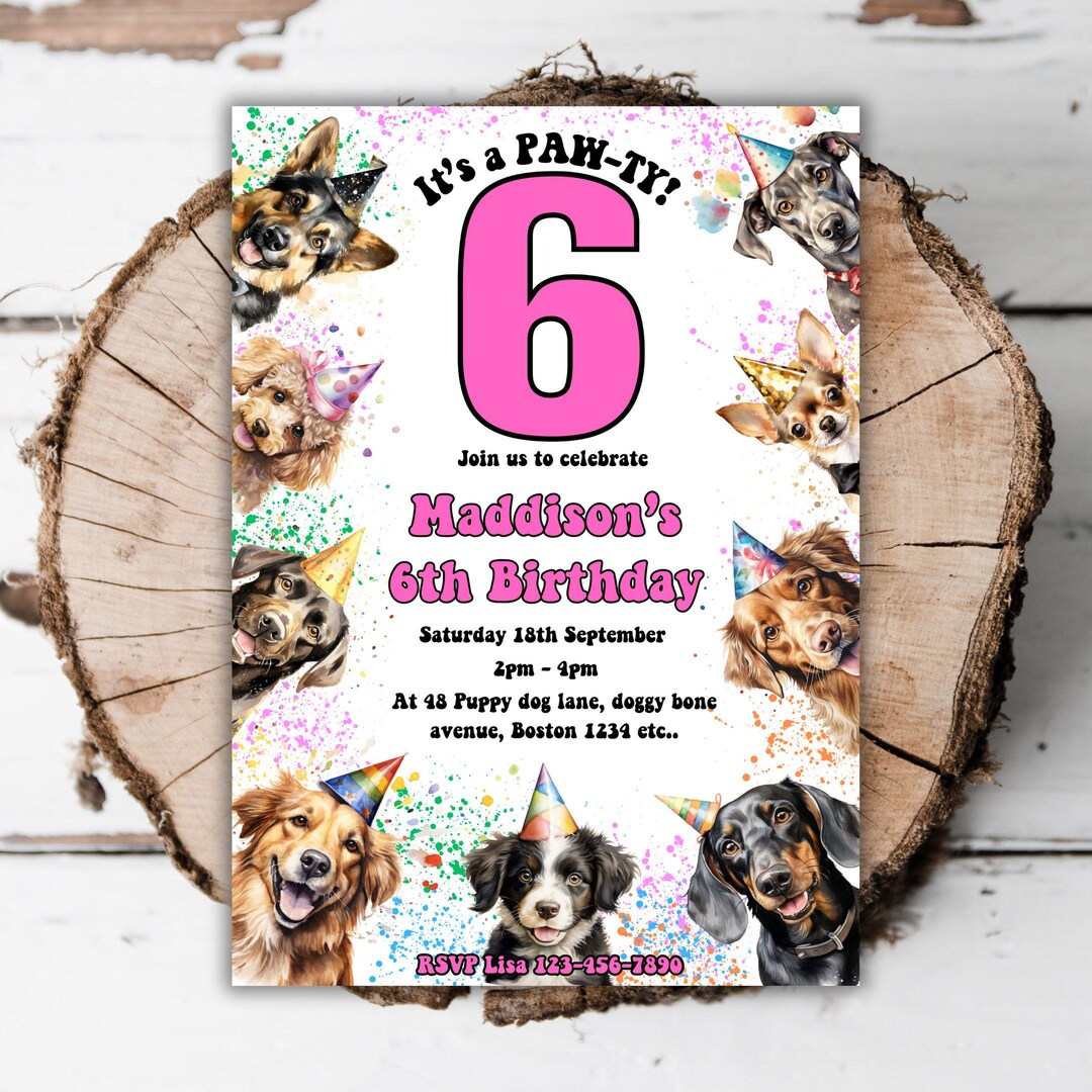 Printable Puppy Party 6th Birthday Invitation Pawty Editable Girls 6th ...