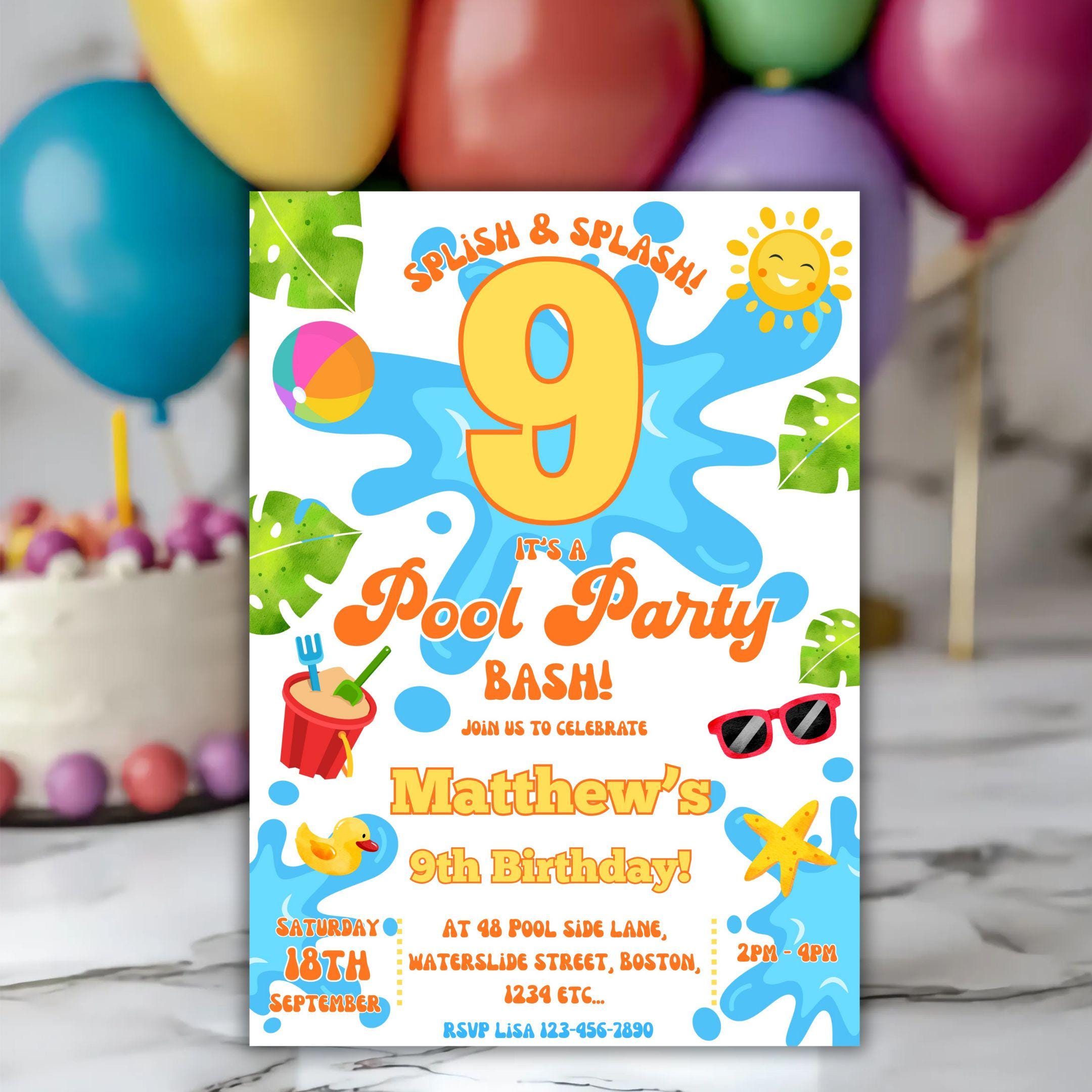 Printable Pool Party 9th Birthday Invitation Waterpark Editable Boys ...