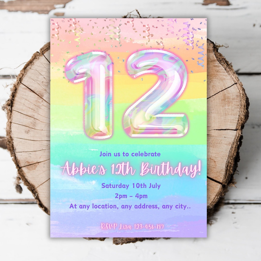 Printable Rainbow Girls 12th Birthday Invitation Glitter Template Foil ...