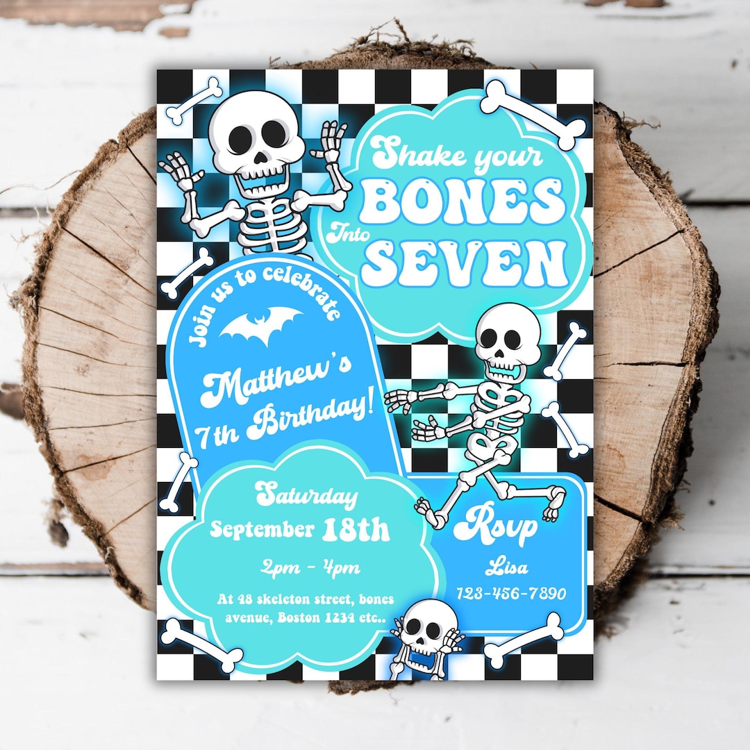 Printable Halloween 7th Birthday Invitation Boys Spooky Seven Skeleton ...