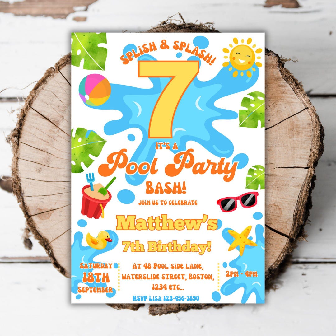 Printable Pool Party 7th Birthday Invitation Waterpark Editable Boys ...