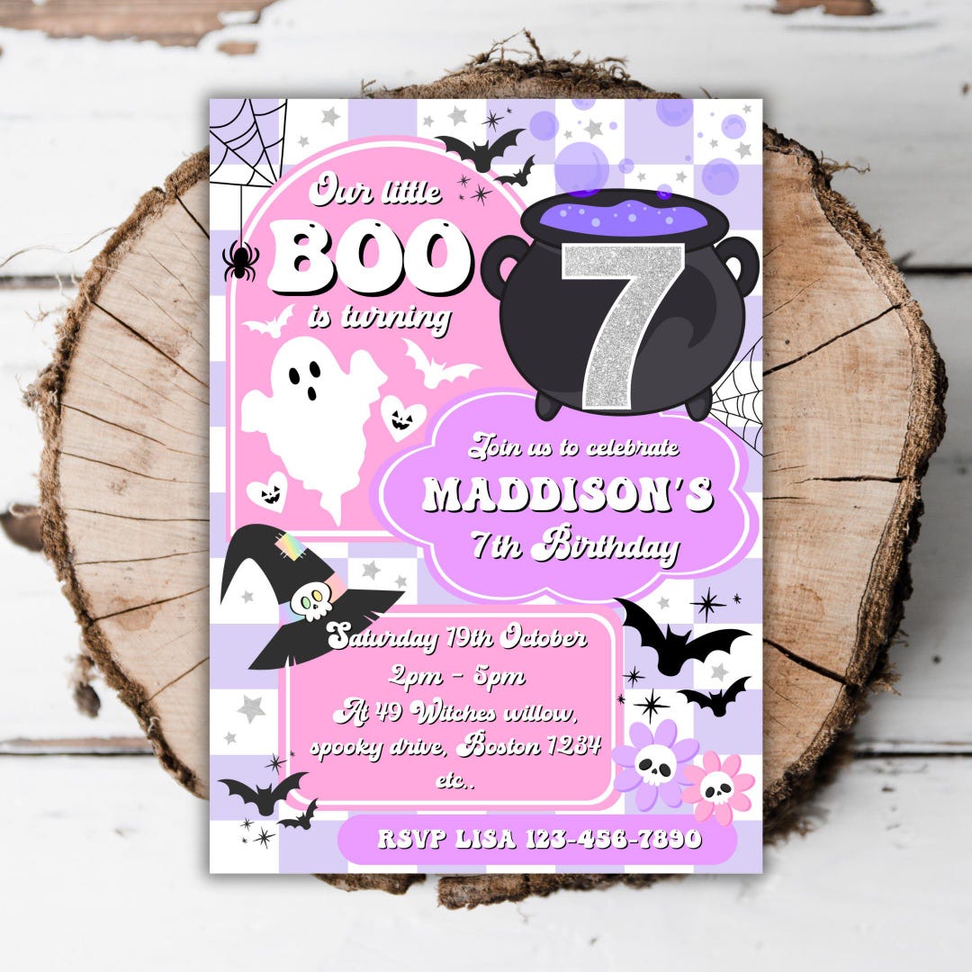 Printable Halloween 7th Birthday Invitation Girls Retro Seventh Spooky ...