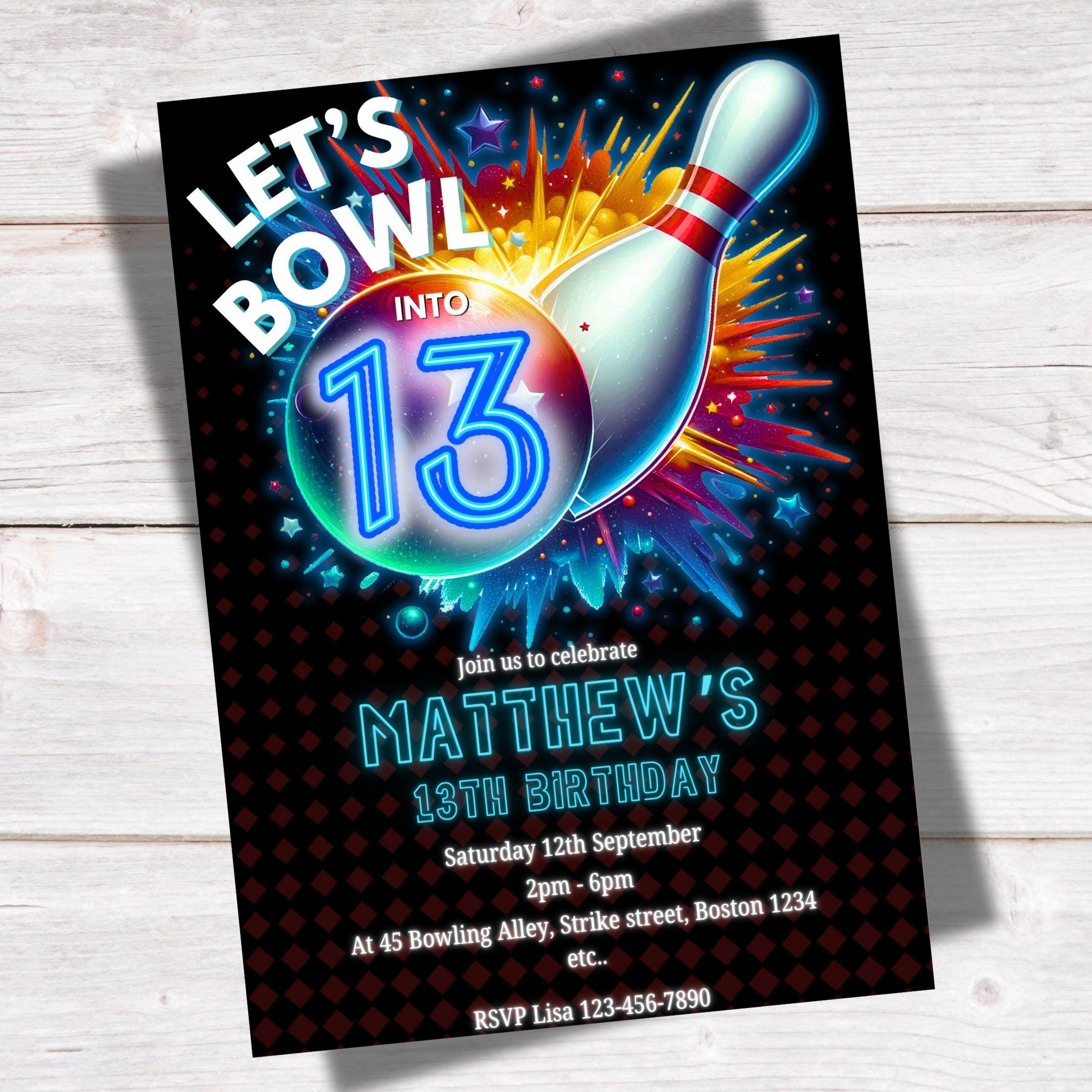 Printable Neon Bowling Boys 13th Birthday Invitation Glow Editable ...