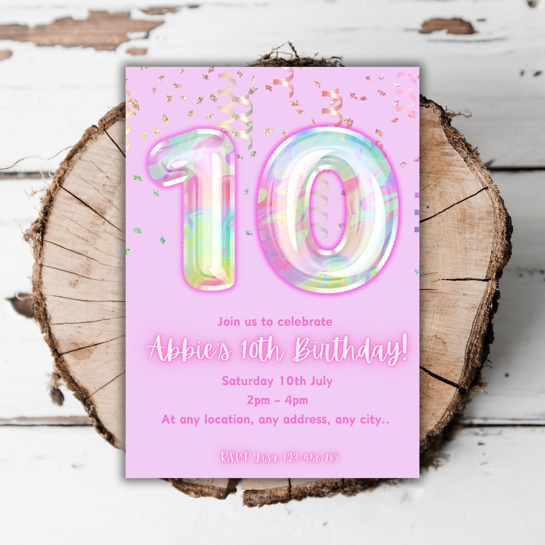 Editable Pink Girls 10th Birthday Invitation Glitter Template Foil ...