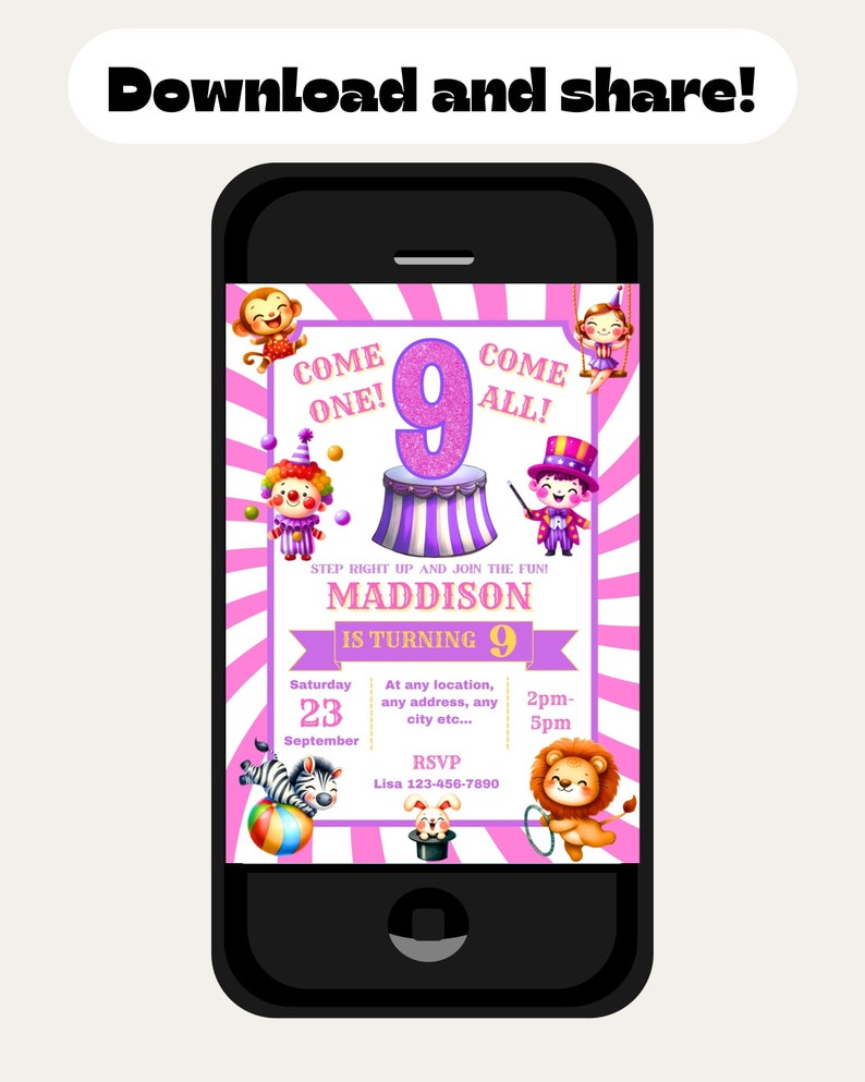 Printable Circus 9th Birthday Invitation Carnival Editable Greatest ...
