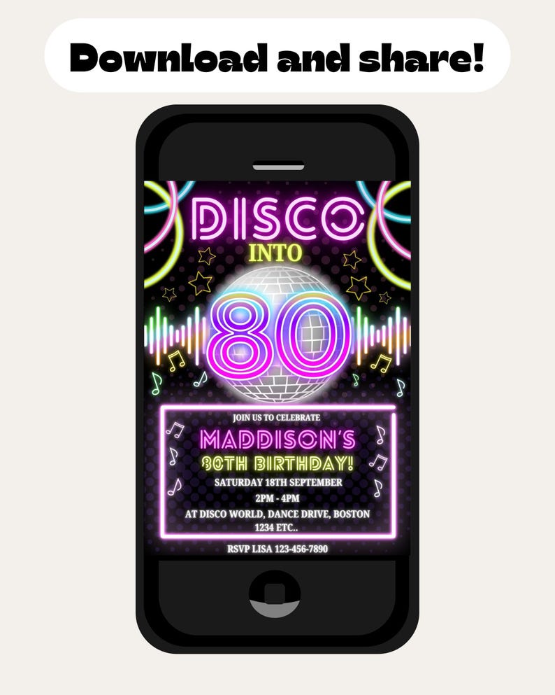 Printable Disco 80th Birthday Party Invitation Neon Dance Editable ...