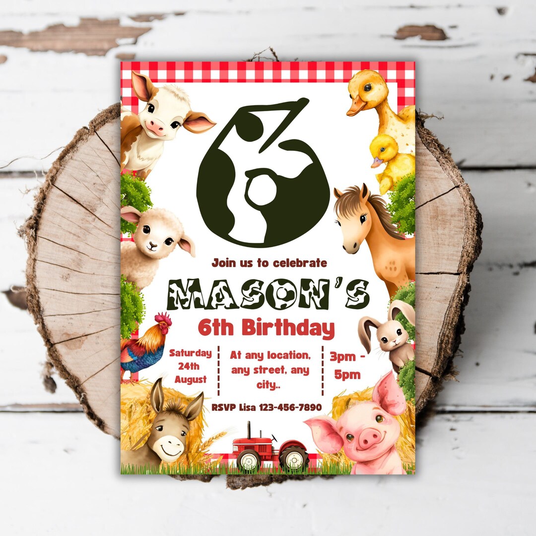 Printable Farm 6th Boys Birthday Party Invitation Barnyard Animals ...