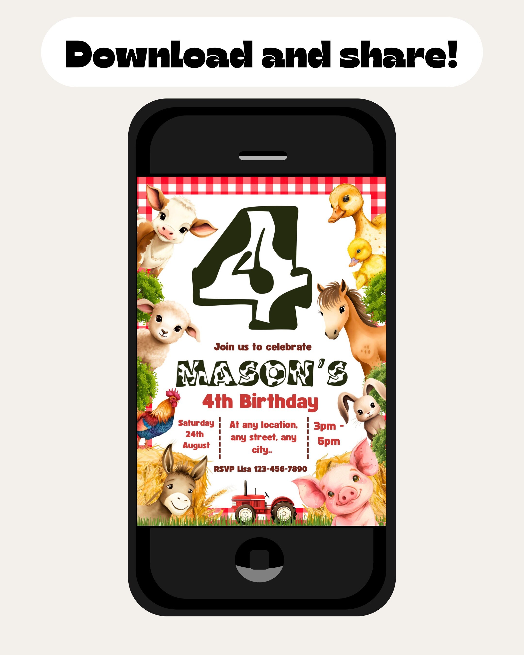 Printable Farm 4th Boys Birthday Party Invitation Barnyard Animals ...