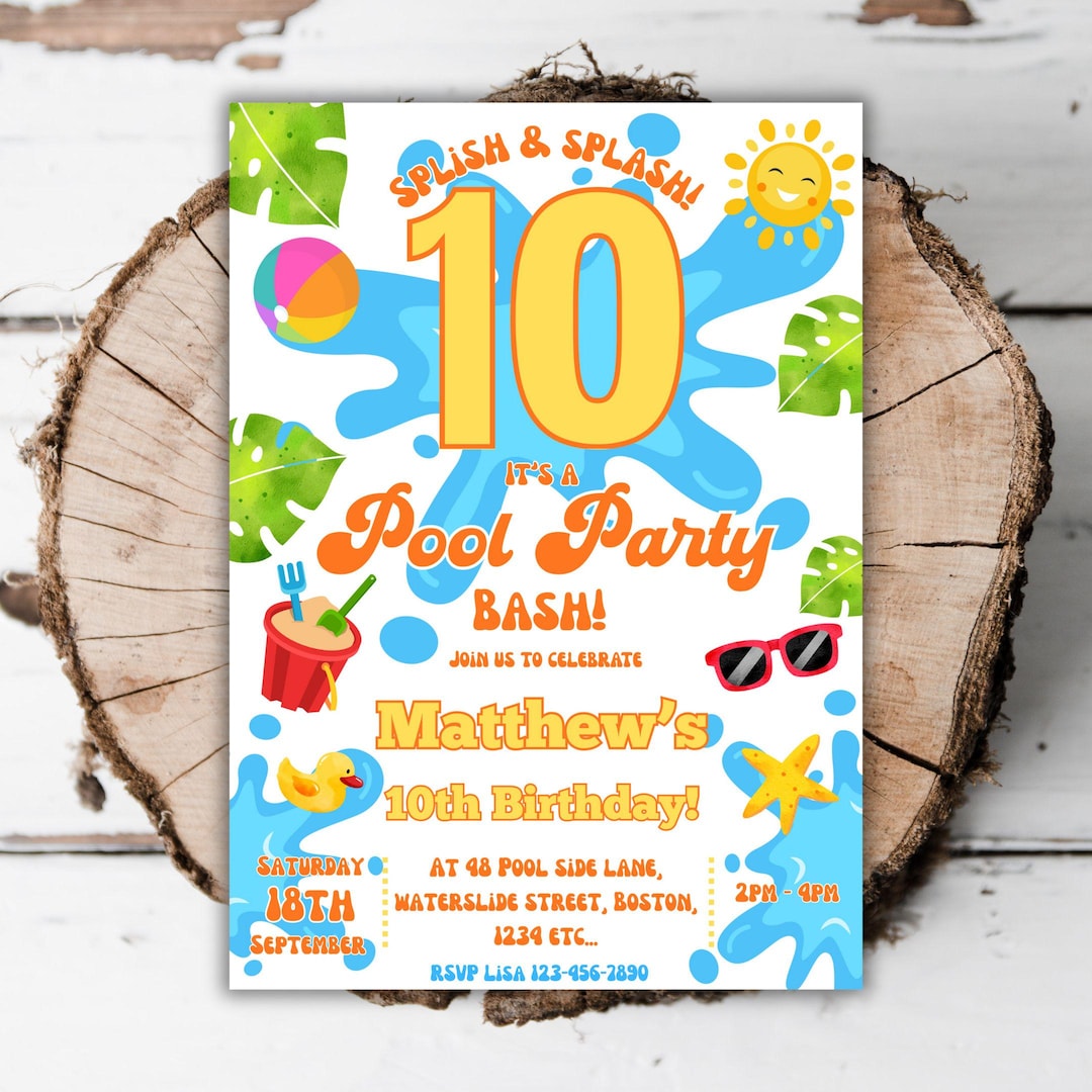 Printable Pool Party 10th Birthday Invitation Waterpark Editable Boys ...