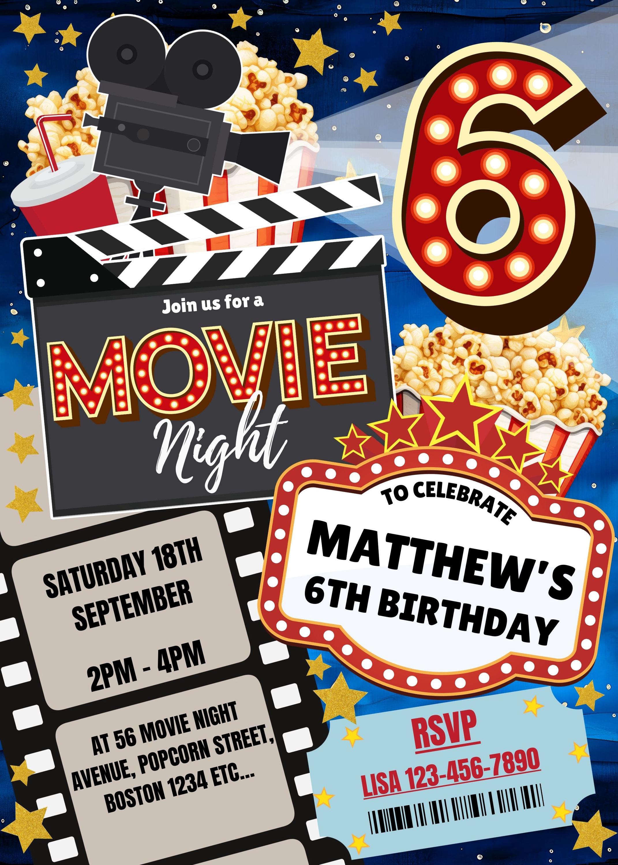 Printable Movie Night 6th Birthday Invitation Party Editable Cinema 6th ...