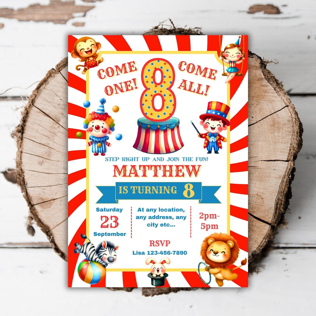 Printable Circus 8th Birthday Invitation Carnival Editable Greatest ...