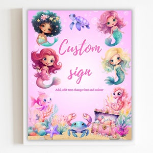 Printable Pink Mermaid Custom Birthday Party Sign Template Ocean Table ...