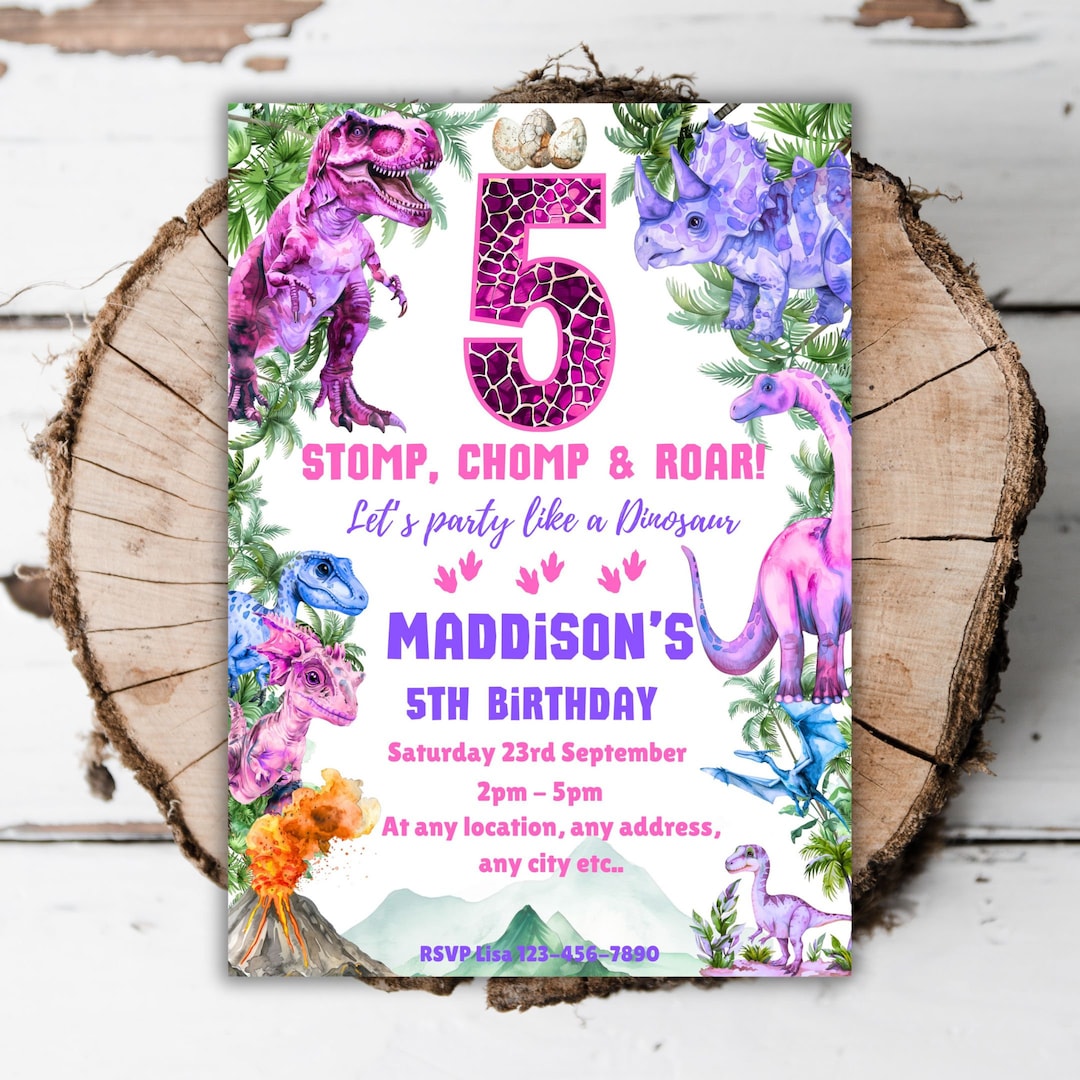 Printable Dinosaur Girls 5th Birthday Invitation Dino Editable Jurassic ...