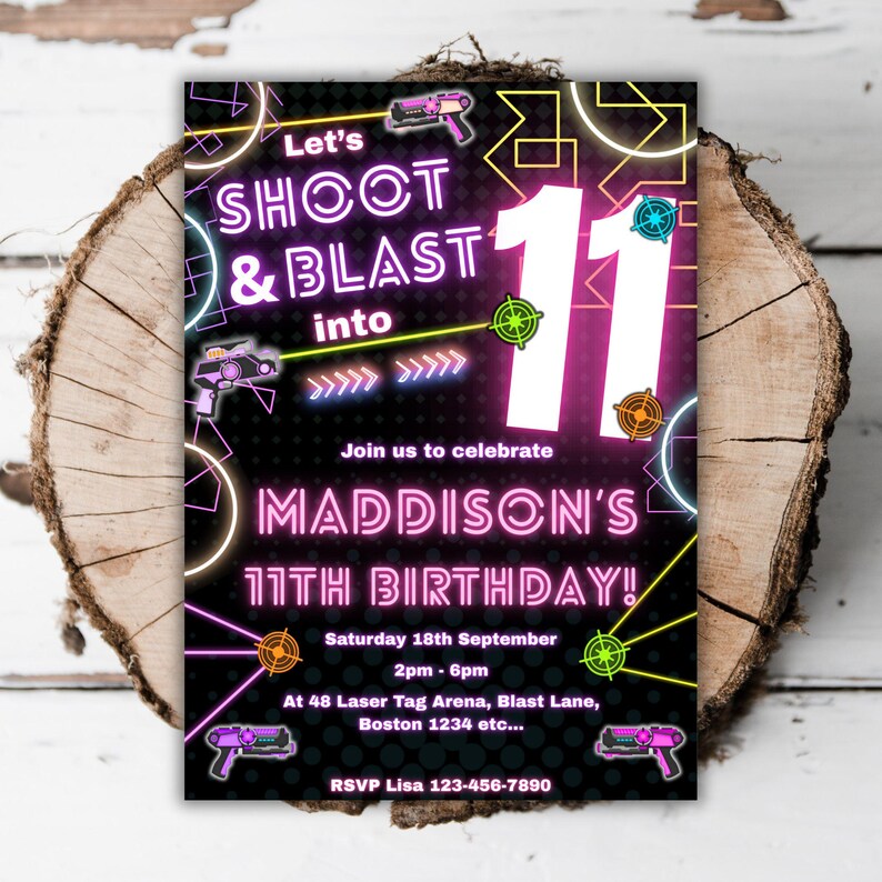 Printable Laser Tag 11th Birthday Invitation Neon Arcade Editable Girls ...