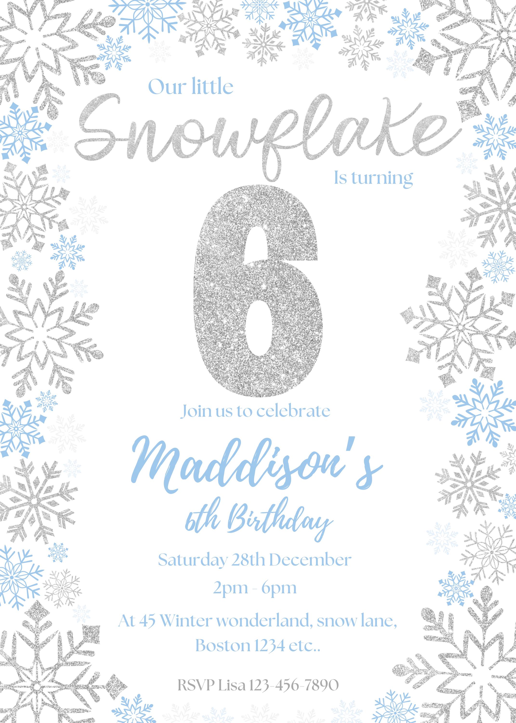 Printable Snowflake 6th Birthday Invitation Winter Wonderland Glitter ...