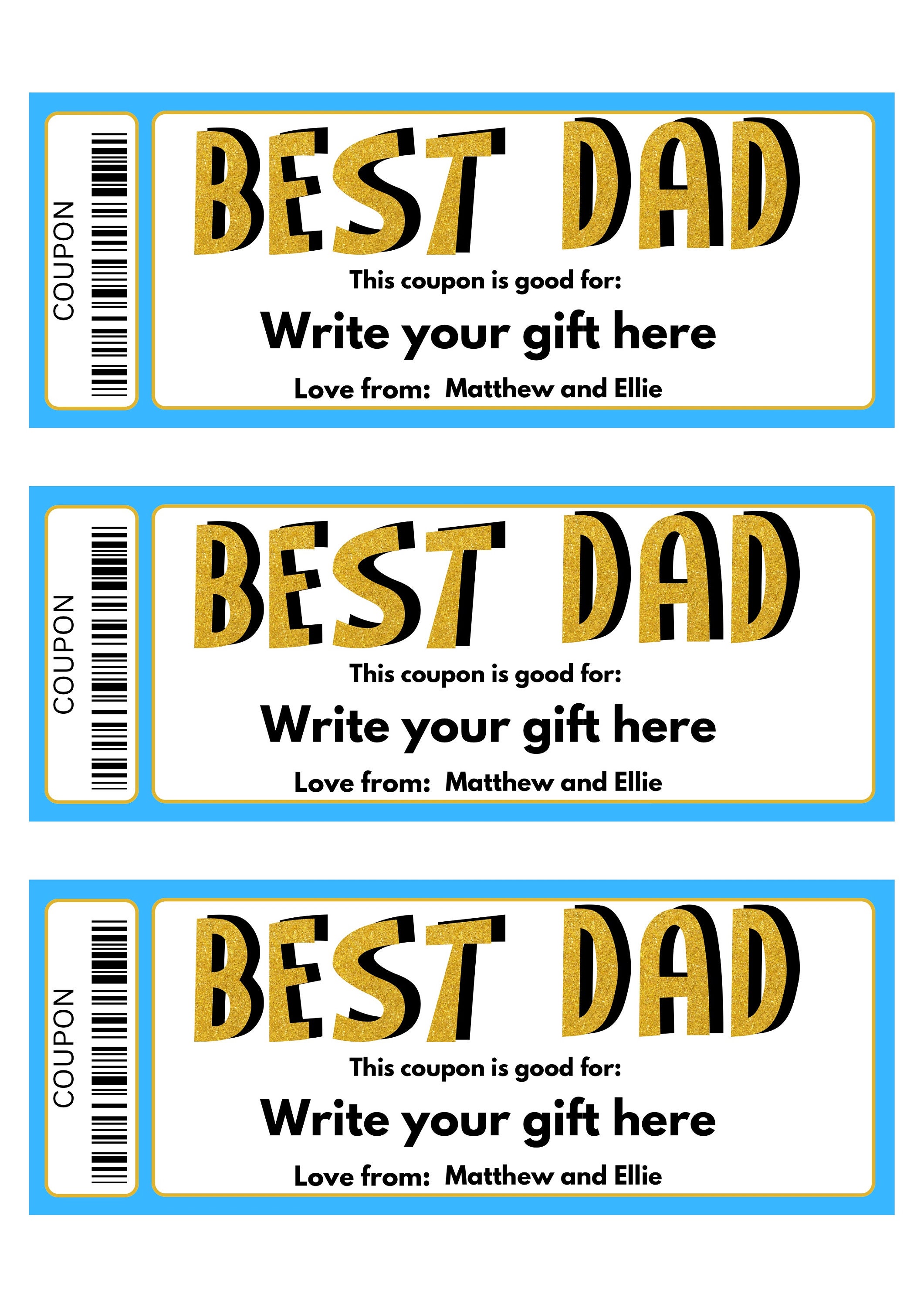 Printable Father’s Day Gift Coupons Gold Best Dad Gift Vouchers From ...