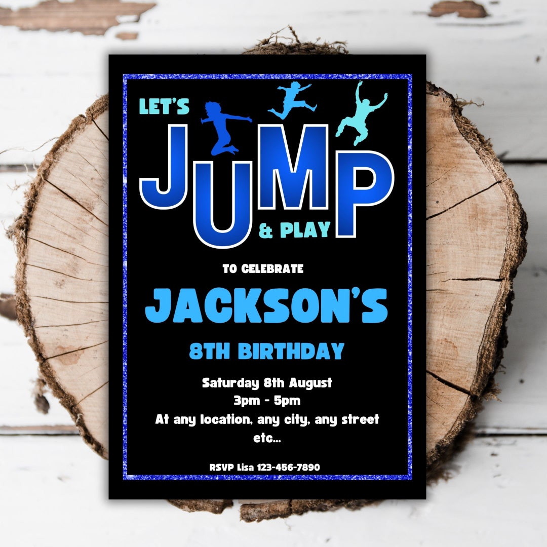 Printable Jump Trampoline Park Blue and Black Glitter Boys Birthday ...