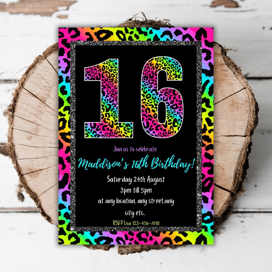 Printable Rainbow 16th Leopard Animal Print Girls Birthday Invitation ...