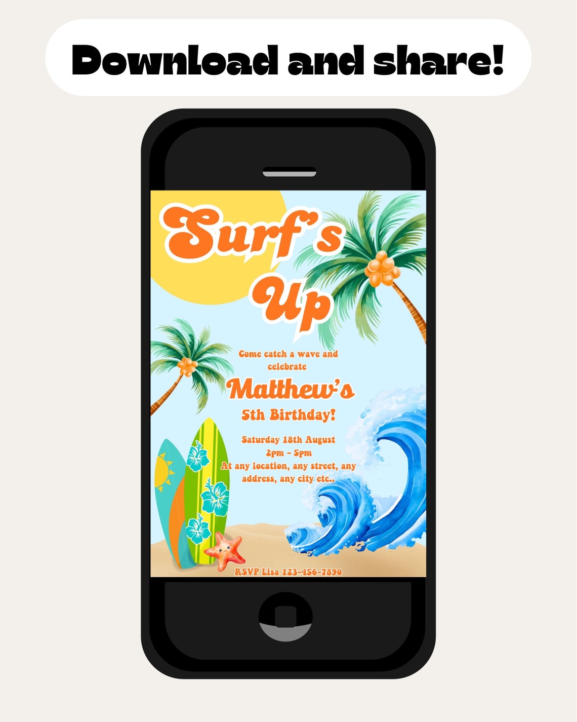 Printable Retro Beach Party Surfs up Boys Invitation Surfing Surfboard ...