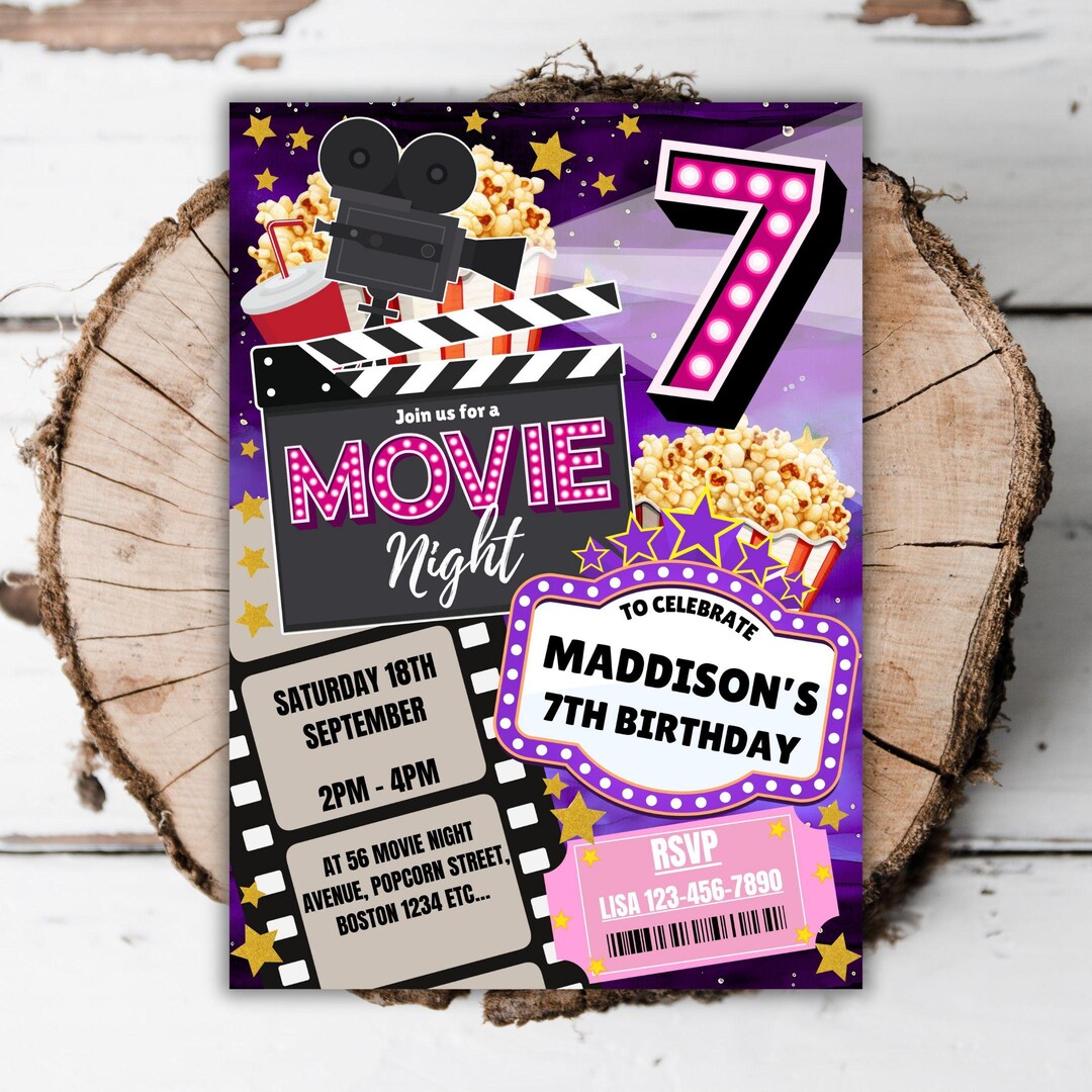 Printable Movie Night 7th Birthday Invitation Party Editable Girls ...