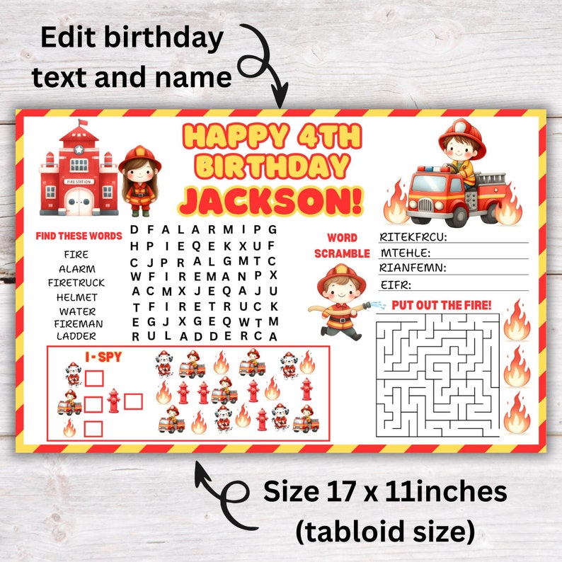 Printable Fireman Party Placemat Activity Sheet Firefighter Editable ...