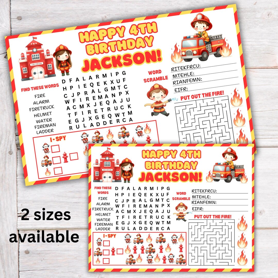 Printable Fireman Party Placemat Activity Sheet Firefighter Editable ...