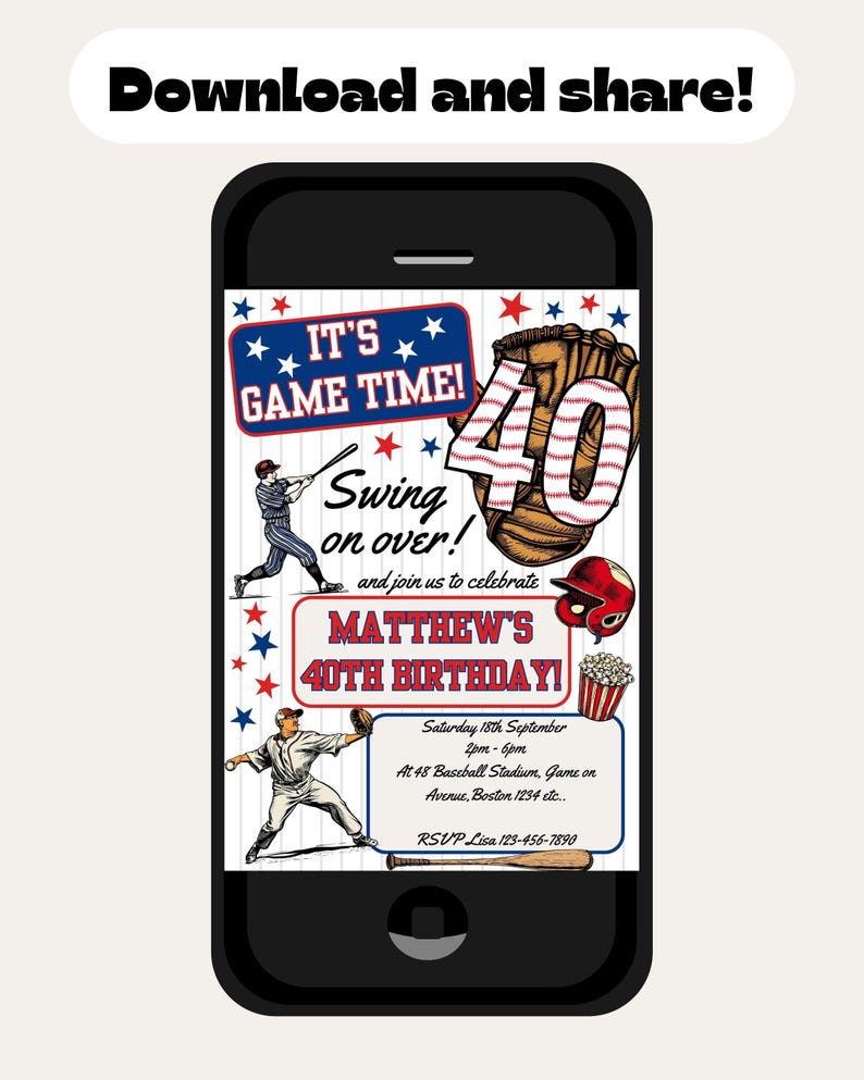 Printable Baseball 40th Birthday Invitation Mens All Star Editable ...