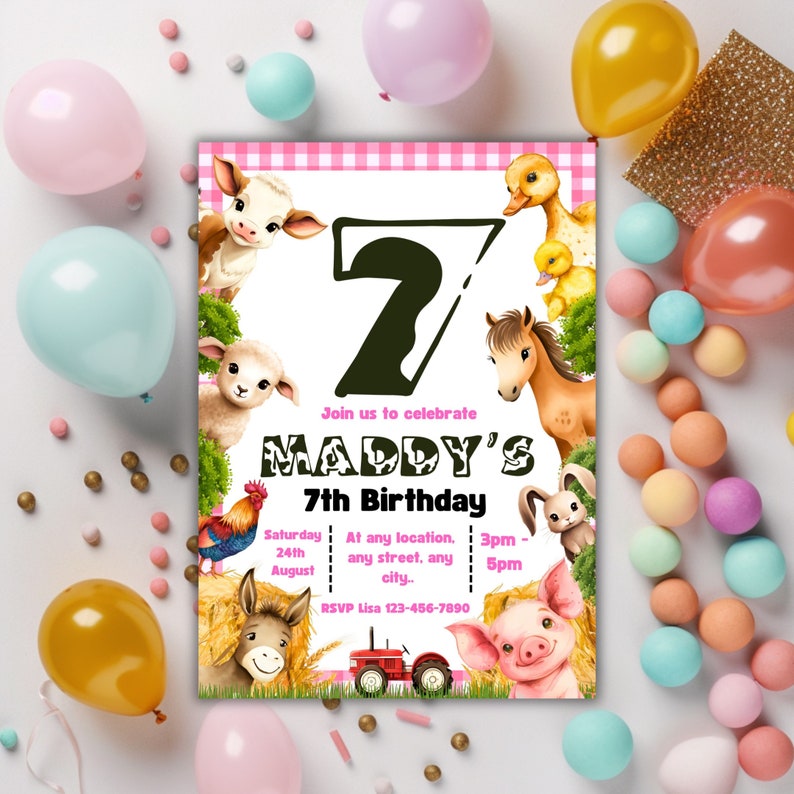 Printable Pink Farm 7th Birthday Party Invitation Barnyard Editable ...