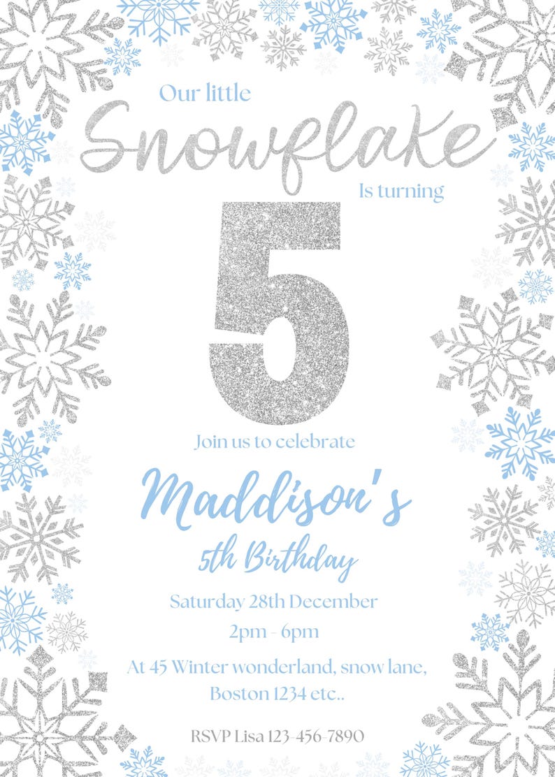 Printable Snowflake 5th Birthday Invitation Winter Wonderland Glitter ...
