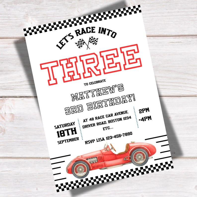 Race Car Birthday Invitation: Editable Vintage Red Go Karting Party ...