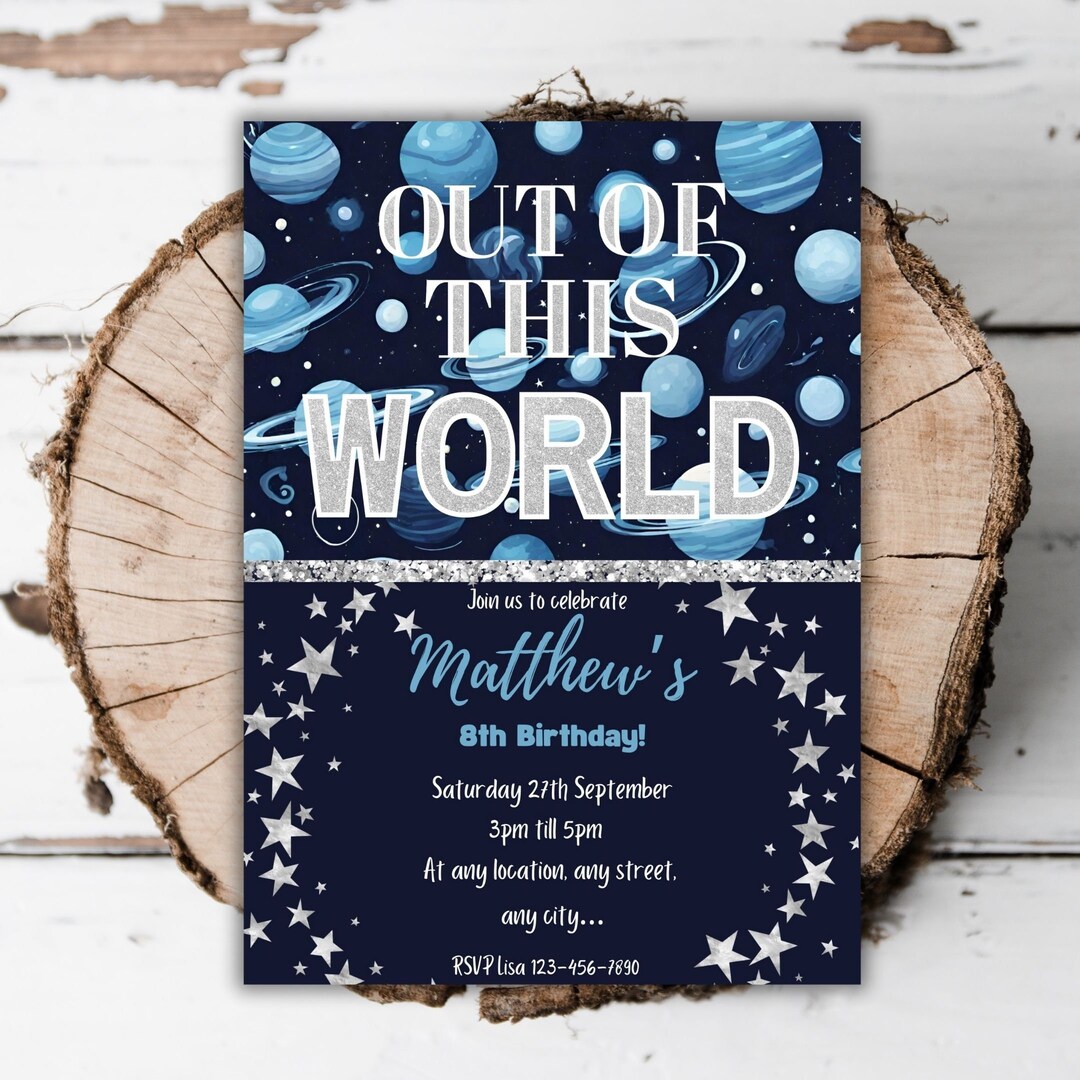 Printable Cosmic Blue Silver Outer Space Boys Birthday Party Invitation ...