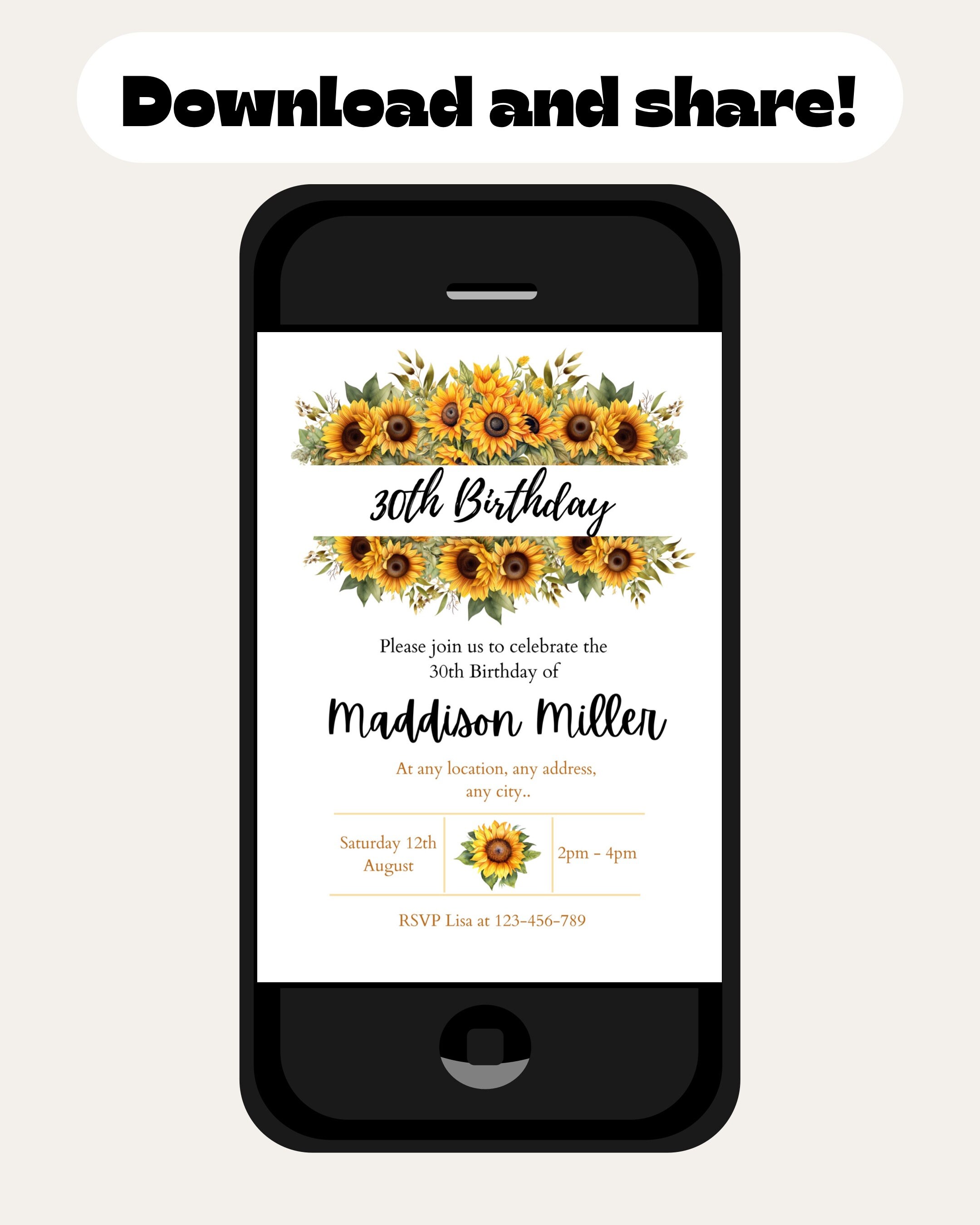 Printable Sunflower Adult Birthday Party Invitation 30th 40th Invite ...