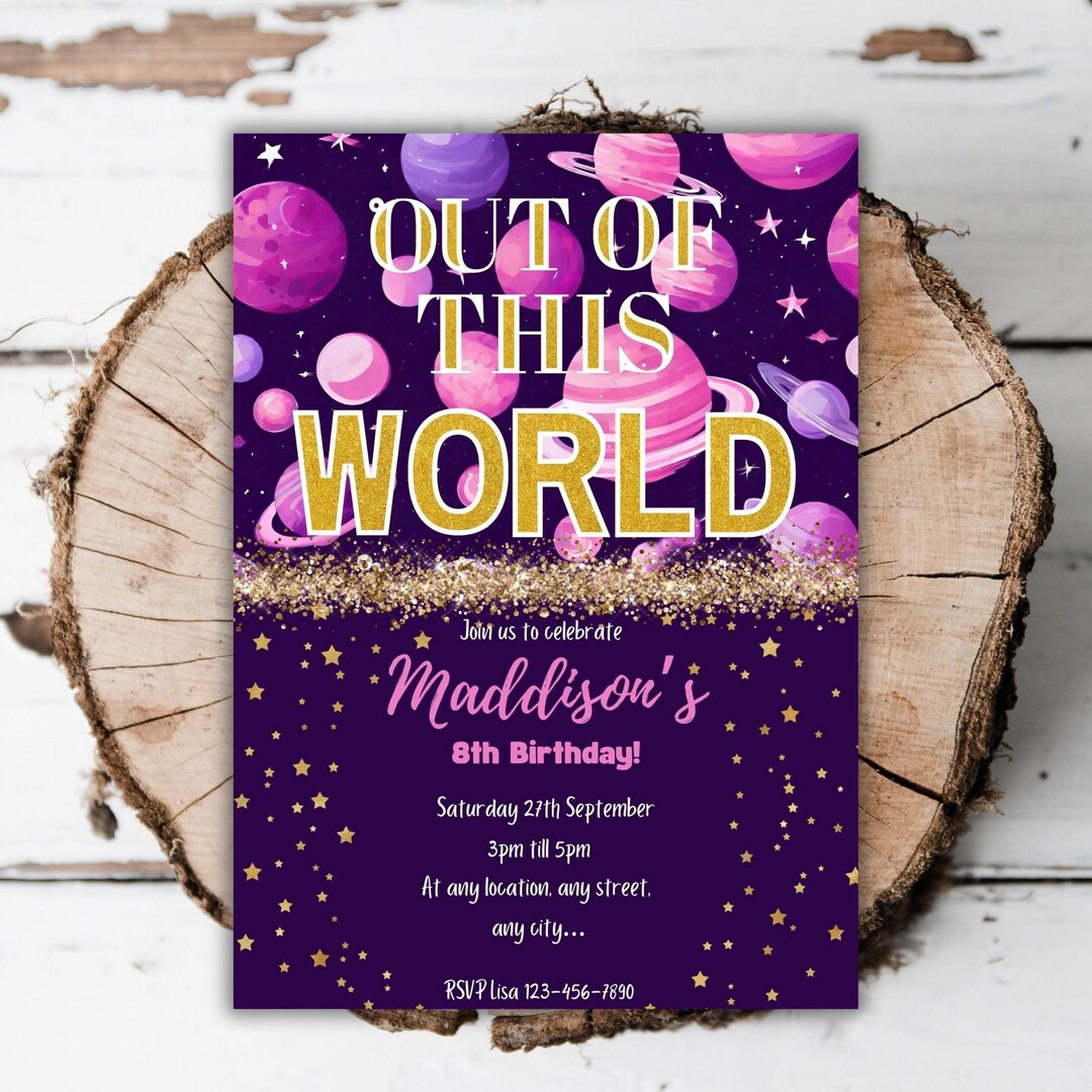 Printable Cosmic Pink Purple Gold Outer Space Girls Birthday Party