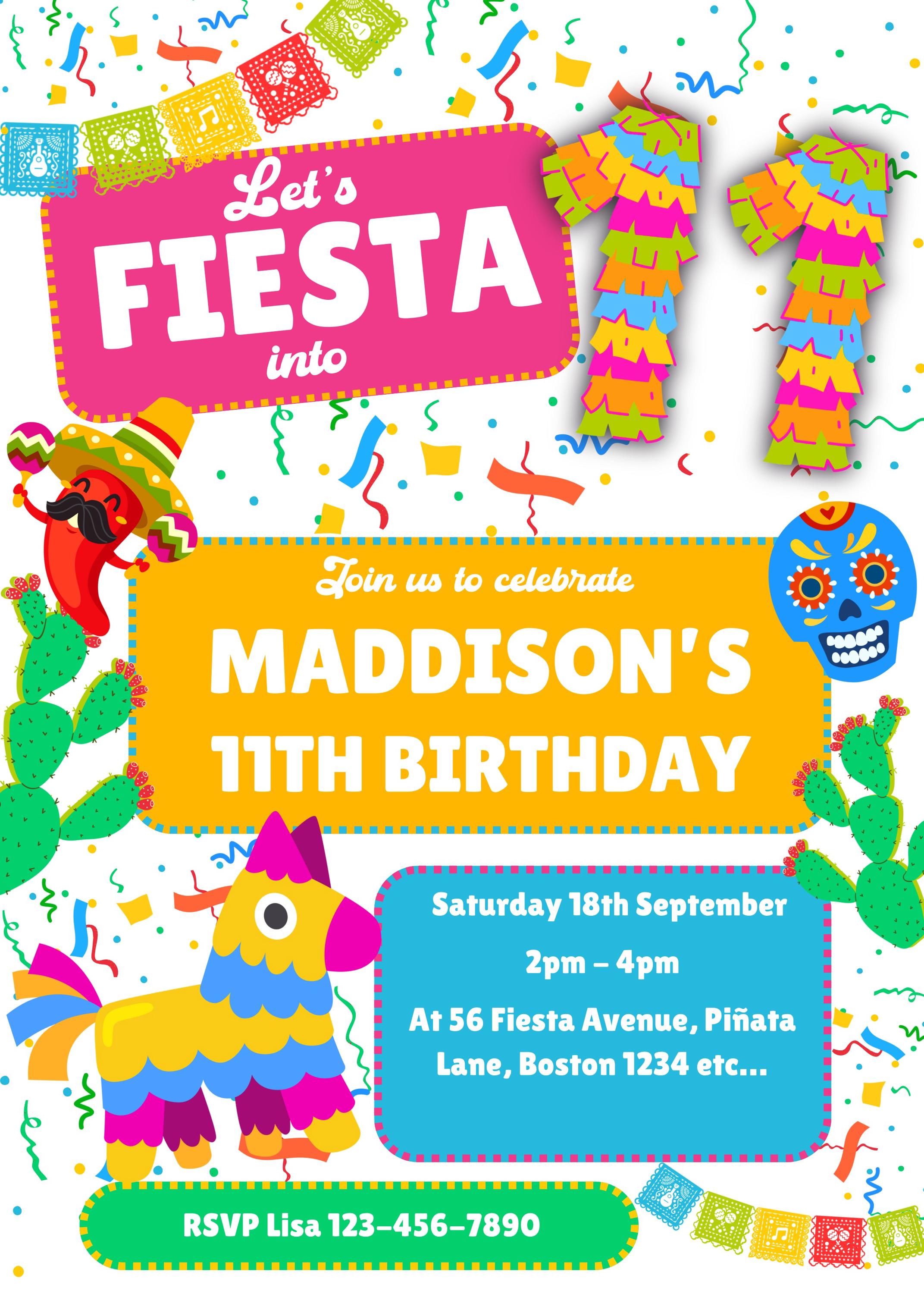 Printable Fiesta 11th Birthday Invitation 11th Mexican Party Editable ...